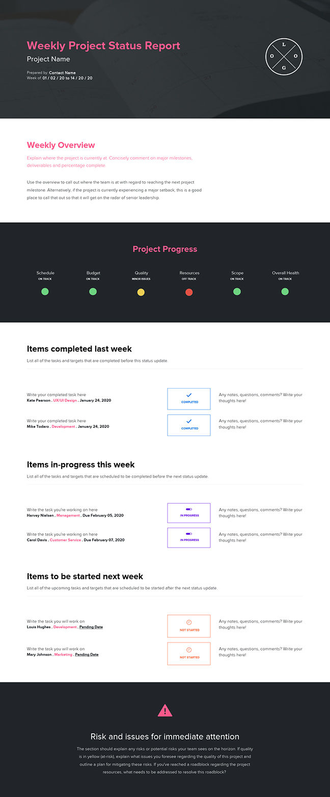 Weekly Project Status Report Template And Examples | Xtensio